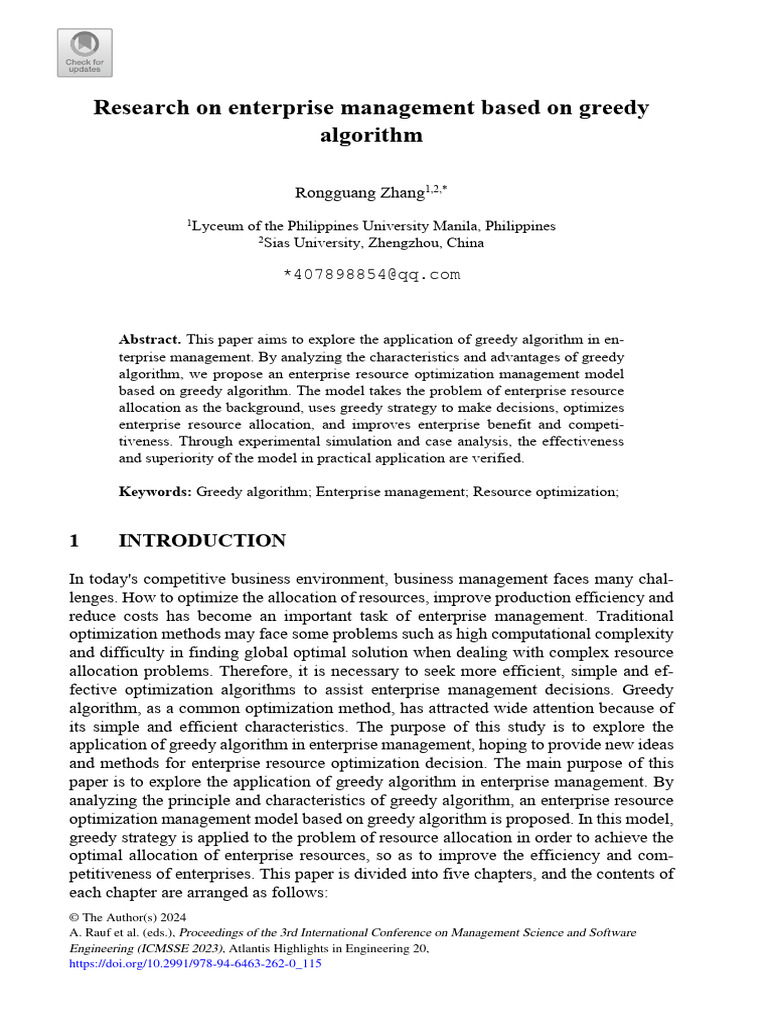Research On Enterprise Management Based On Greedy Algorithm: Abstract | PDF