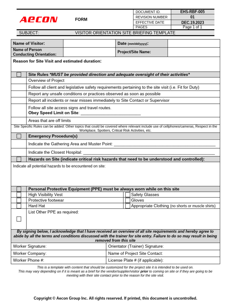 EHS-RBF-005 - Visitor Orientation Site Briefing Template | PDF