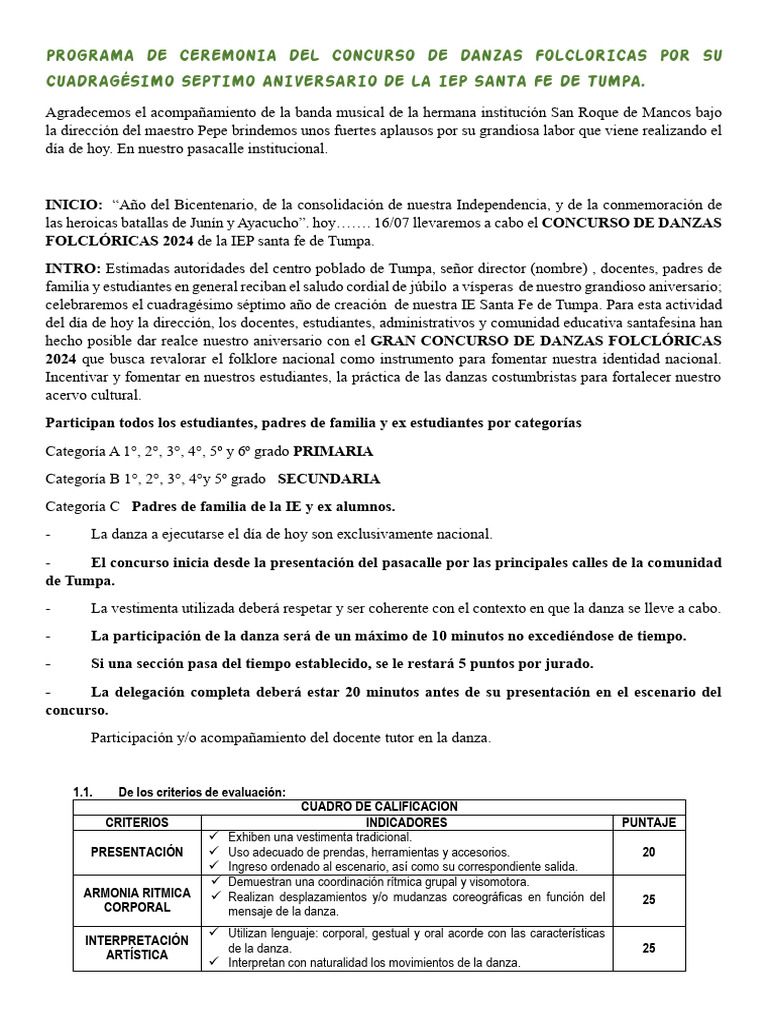 Ceremonia Concurso de Danzas | PDF