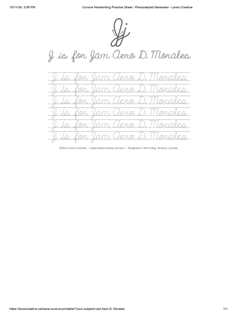 Cursive Handwriting Practice Sheet - Personalized Generator - Lewis ...