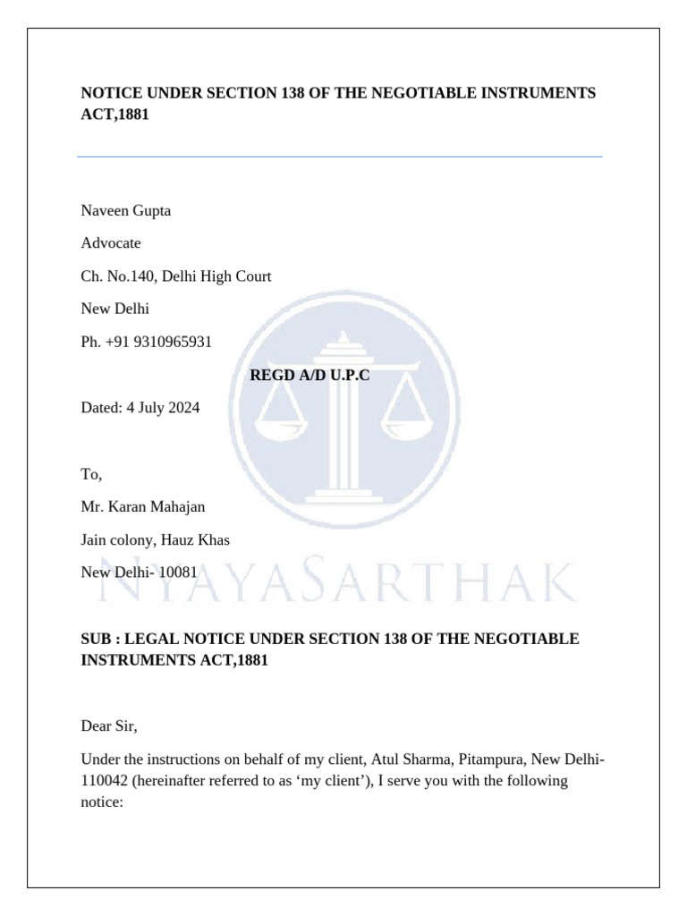 Legal Notice Ni Act 1881 Sec 138 Pdf Law