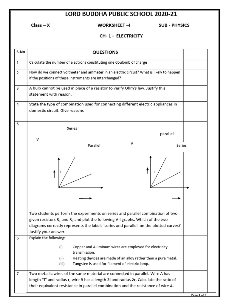 6043CBSE Class 10 Physics Worksheet - Electricity (1) NEW | PDF 6043CBSE Class 10 Physics Worksheet - Electricity (1) NEW | PDF
