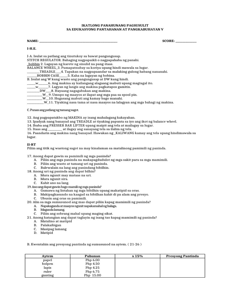 Grade 5 Home Economics Exam | PDF | Finance & Money Management | Career ...