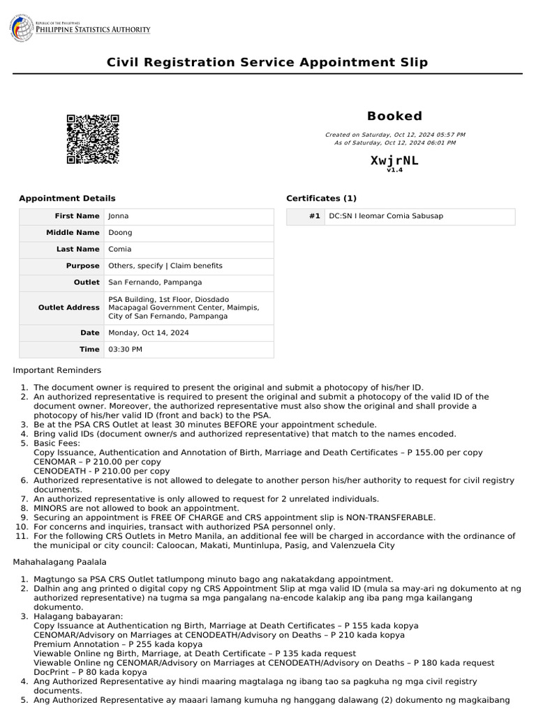 Civil Registration Service Appointment Slip: XWJRNL | PDF