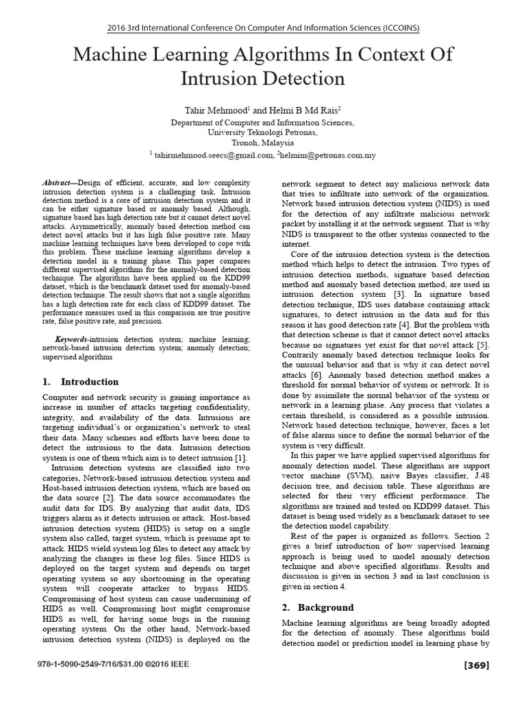 Machine Learning Algorithms in Context of | PDF