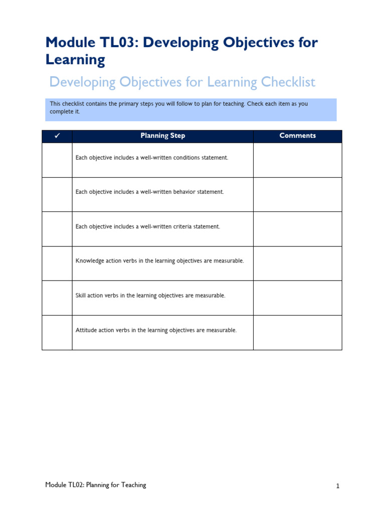 TL3-5 Developing Objectives for Learning Checklist | PDF