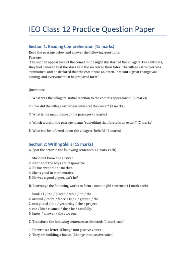 IEO Class 12 Practice Question Paper | PDF