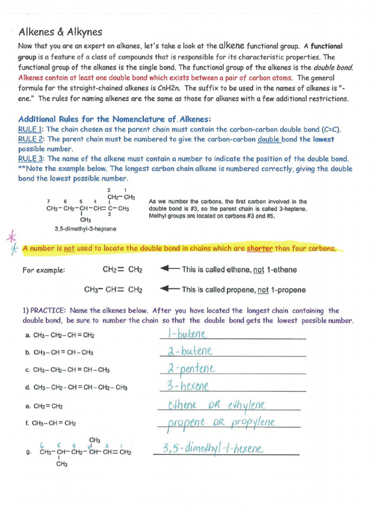 Alkene Alkynen Notes Assignment Key | PDF