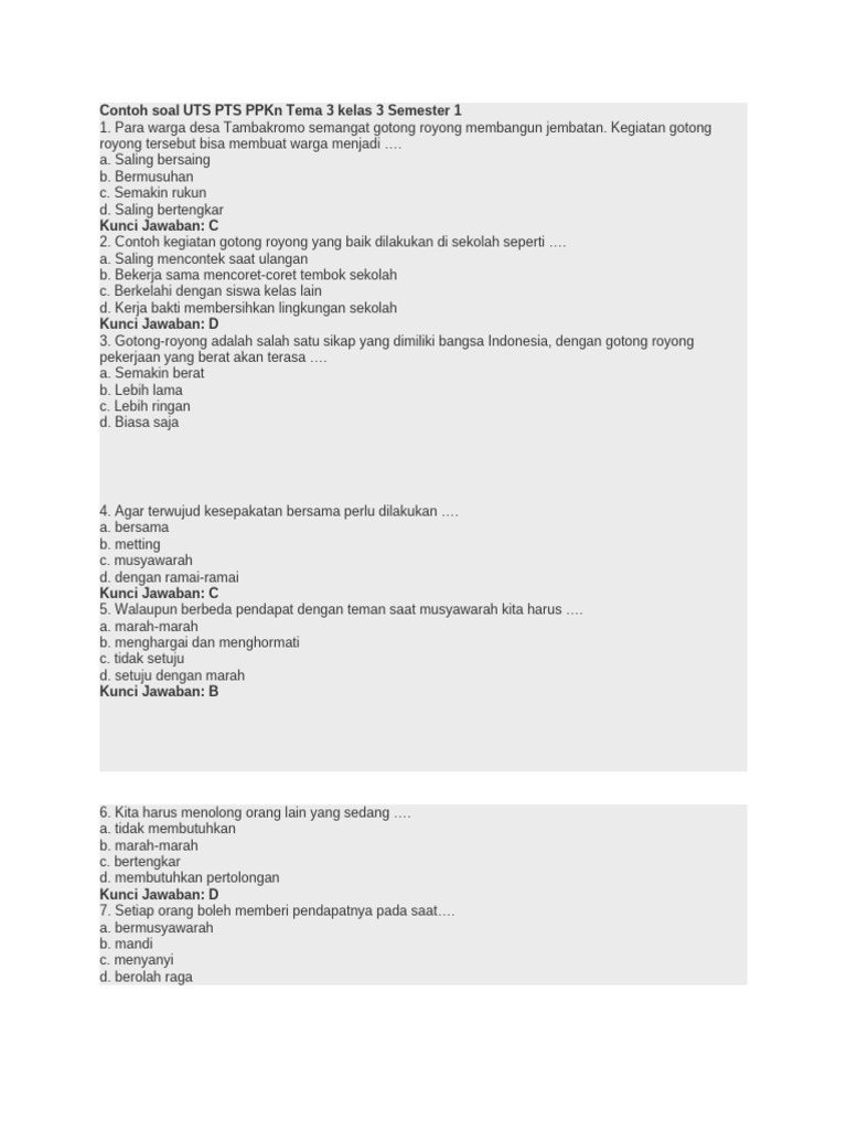 Contoh Soal UTS PTS PPKN Tema 3 Kelas 3 Semester 1 | PDF