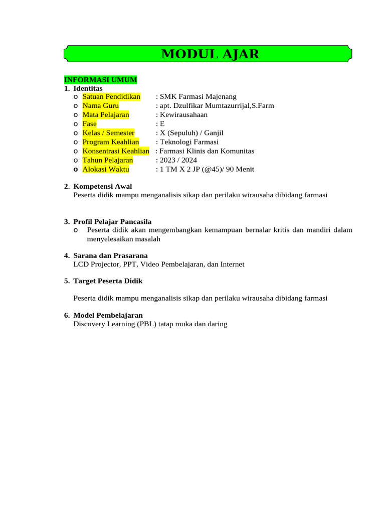 Modul Ajar KWU X Sikap Wirausaha | PDF