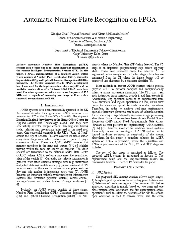 Automatic Number Plate Recognition On FPGA | PDF