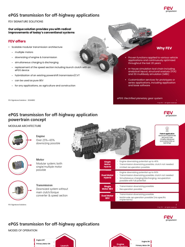 FEV - Propulsion - ePGS Transmission For Off Highway Applications | PDF
