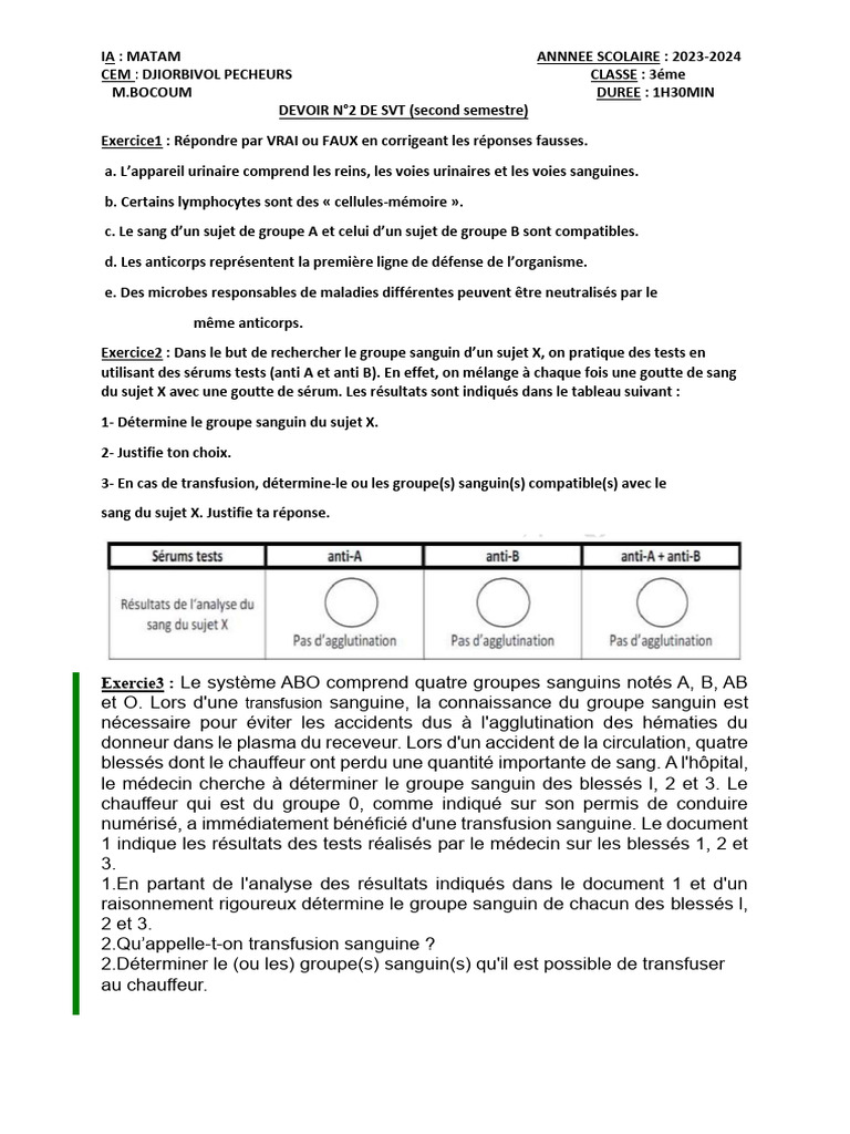 Devoir N°2 de SVT 3éme L'original | PDF
