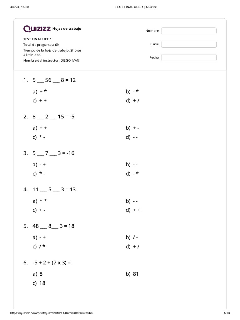 TEST FINAL UCE 1 - Quizizz | PDF