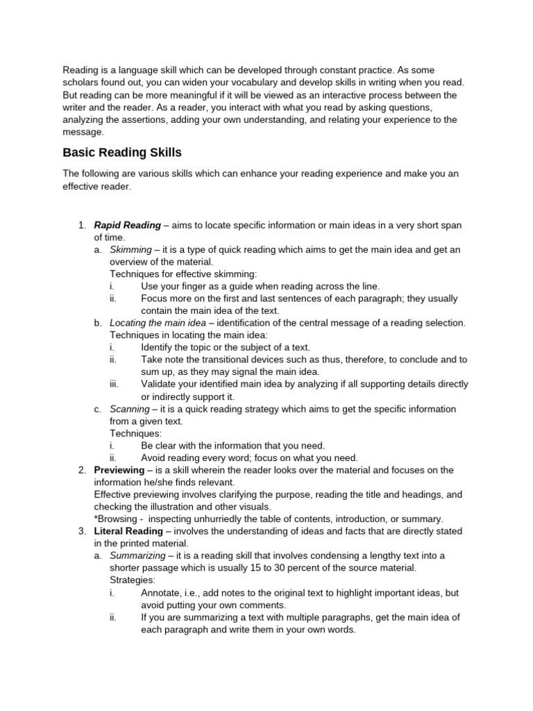 Basic Reading Skills Handouts | PDF