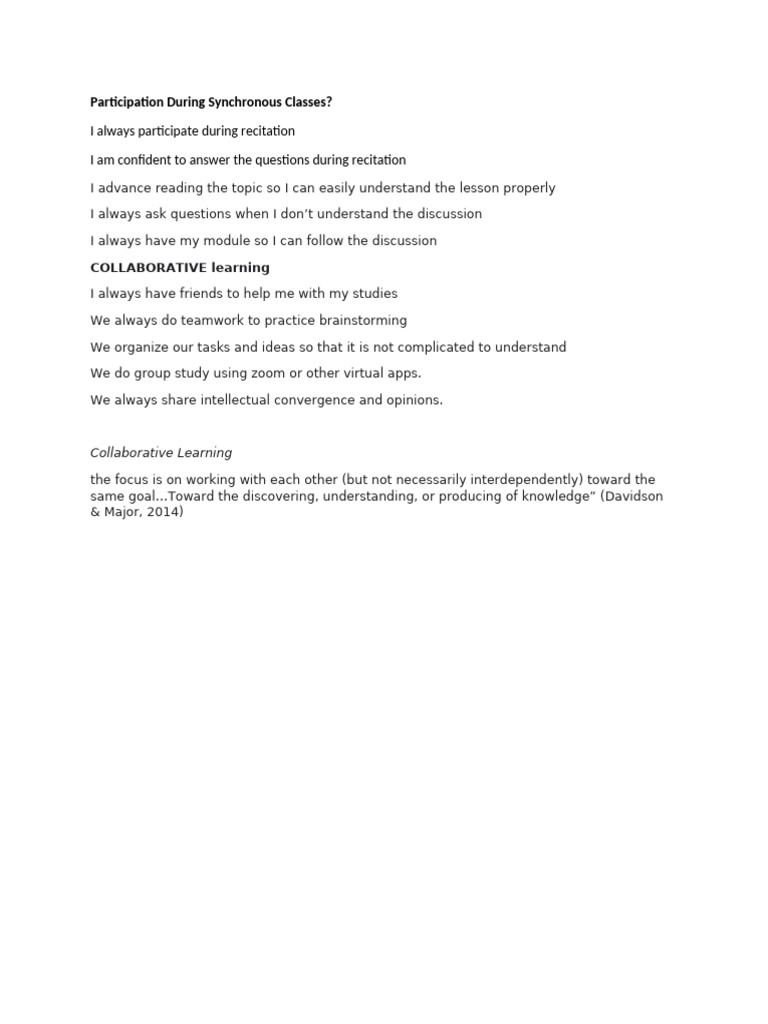 Participation During Synchronous Classes | PDF