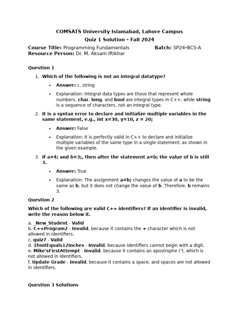Quiz 1 Solution | PDF