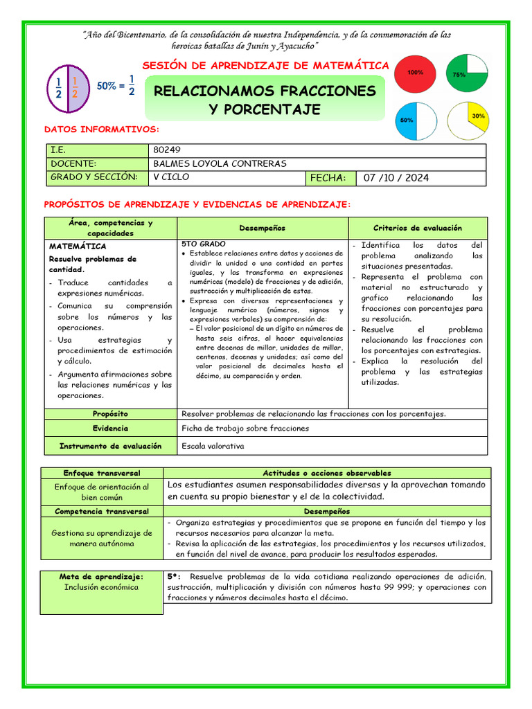 Ses-Lun-Mat-Relacionamos Fracciones y Porcentaje | PDF