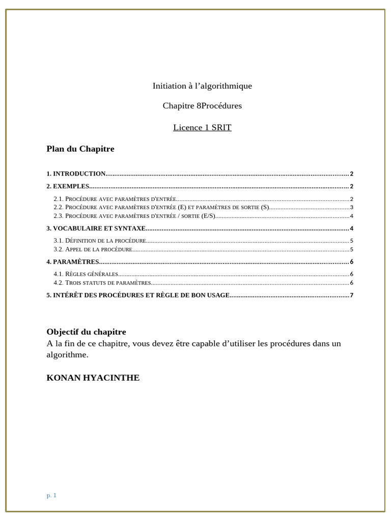 Srit1 Initiation A L'algorithmique 2016 Chapitre 8 Procedures | PDF