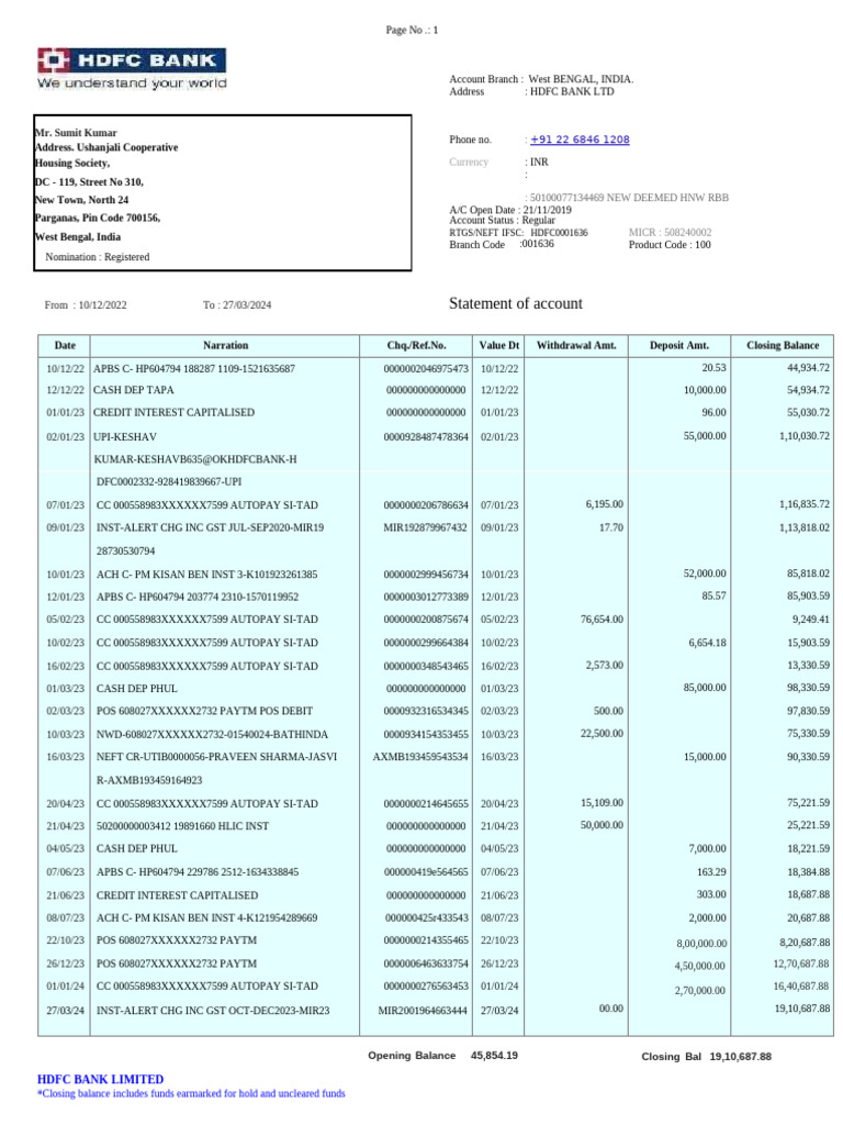 Sumit Kumar HDFC Bank Statement | PDF