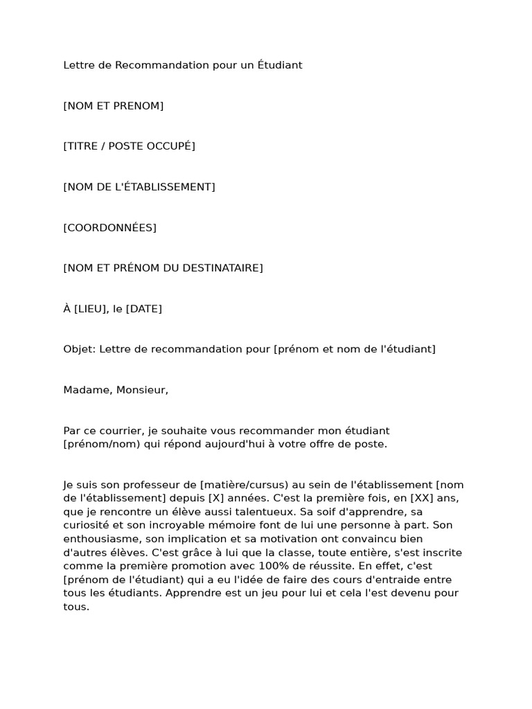 Lettre Recommandation Étudiant | PDF | Career & Growth
