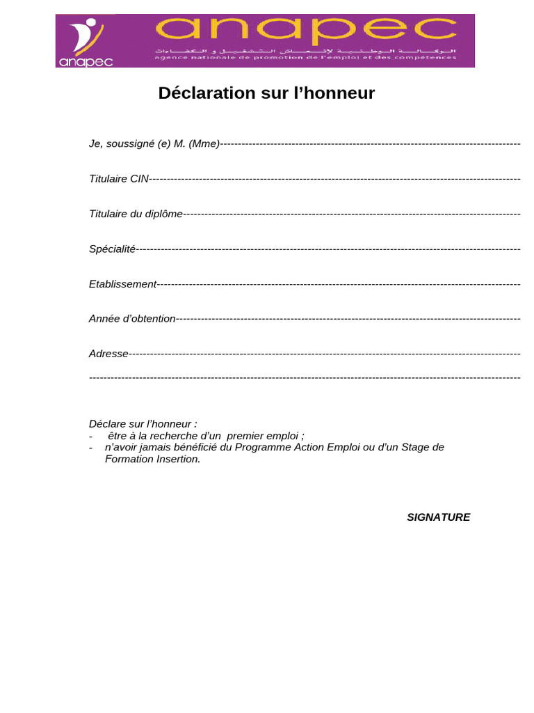 DECLARATION SUR HONNEUR - Anapec | PDF