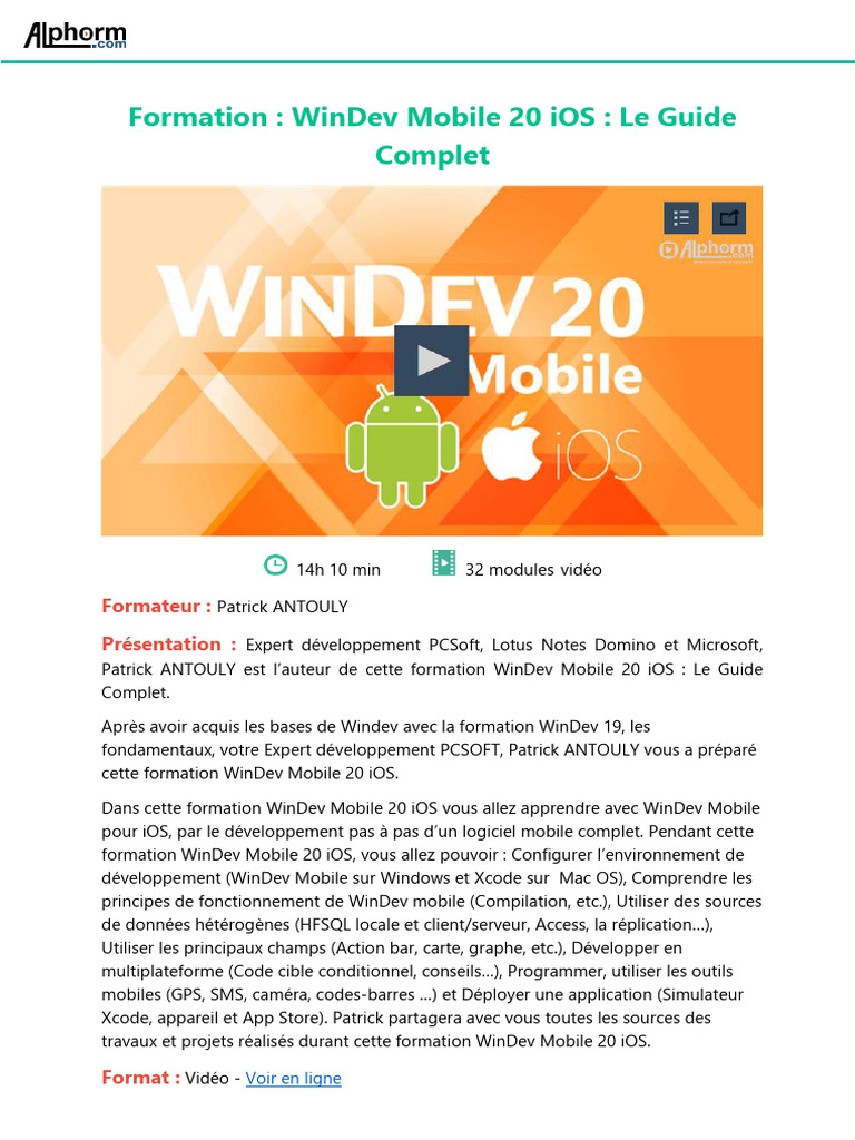 Alphorm Fiche Formation WinDev Mobile 20 iOS | PDF