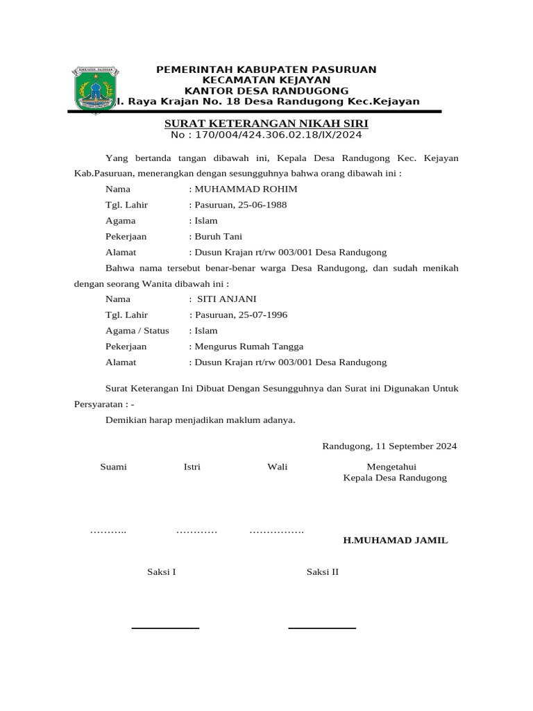 Surat Keterangan Nikah Sirri | PDF