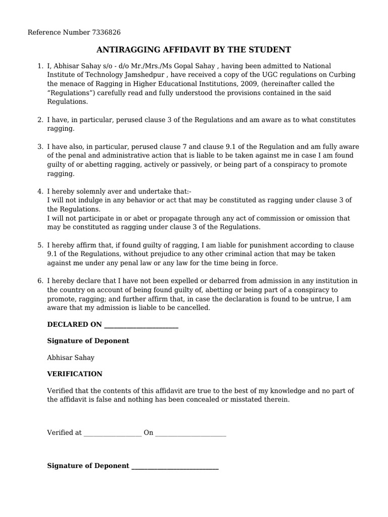 Antiragging Affidavit Form | PDF