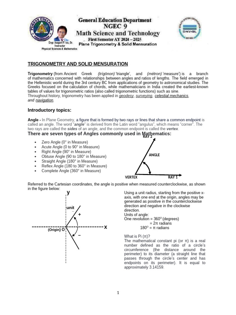 Trigonometry and Solid Mensuration | PDF