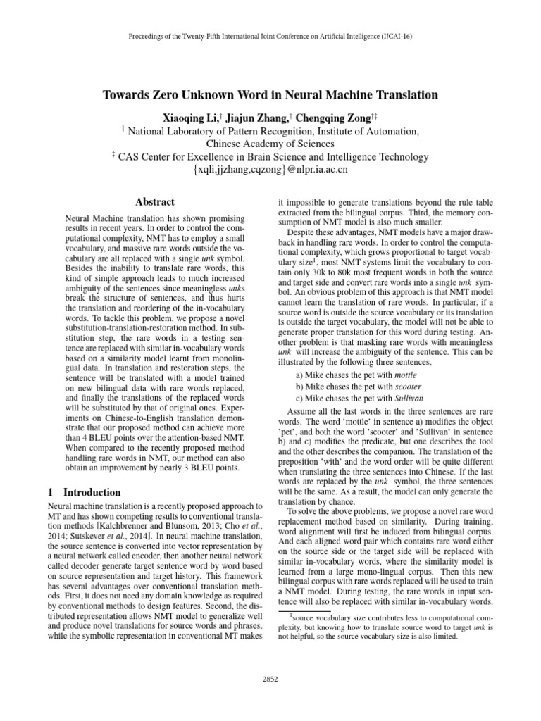 Towards Zero Unknown Word in Neural Machine Translation: Xiaoqing Li ...