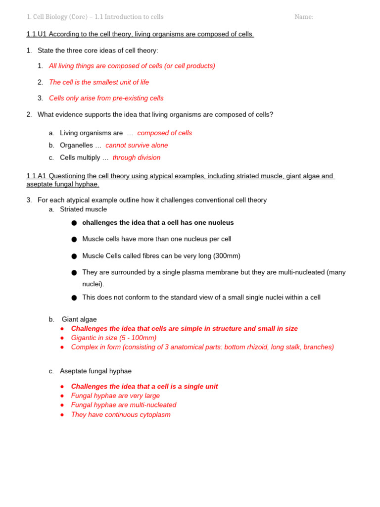 1.1. Introduction To Cells - Notes Answers | PDF
