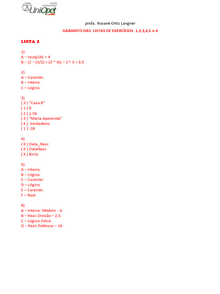 Gabaritos Dos Exercícios Das Listas 1,2,3,4,5 e 6 | PDF