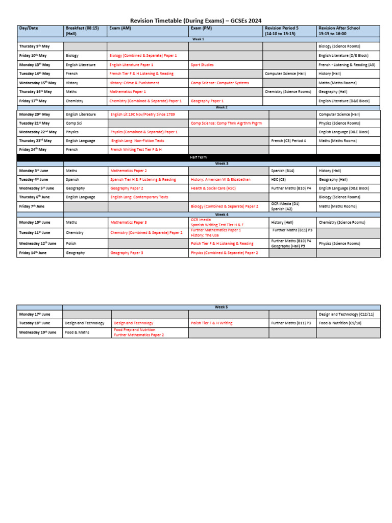 Y11 Revision Timetable - During GCSE Exams 2024 - Final | PDF
