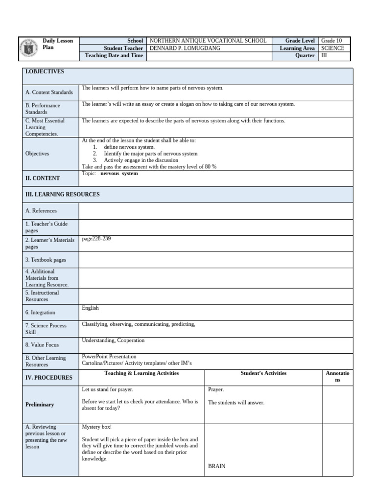 Lesson Plan 9 Nervous System | PDF
