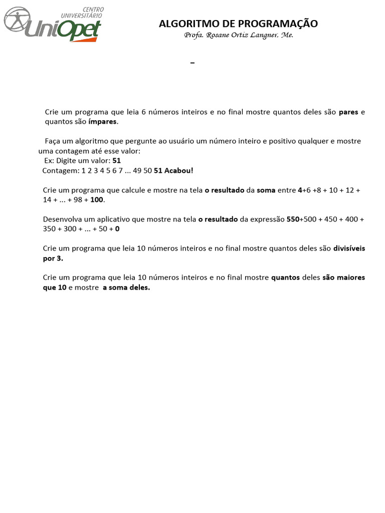 Lista de Exercícios 05 - Algoritmos | PDF
