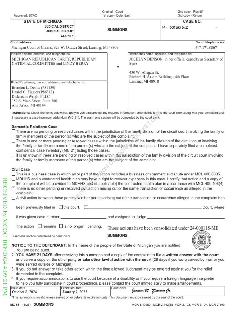 10-08-2024 - RNC and Michigan RNC Sue Jocelyn Benson Michigan | PDF ...
