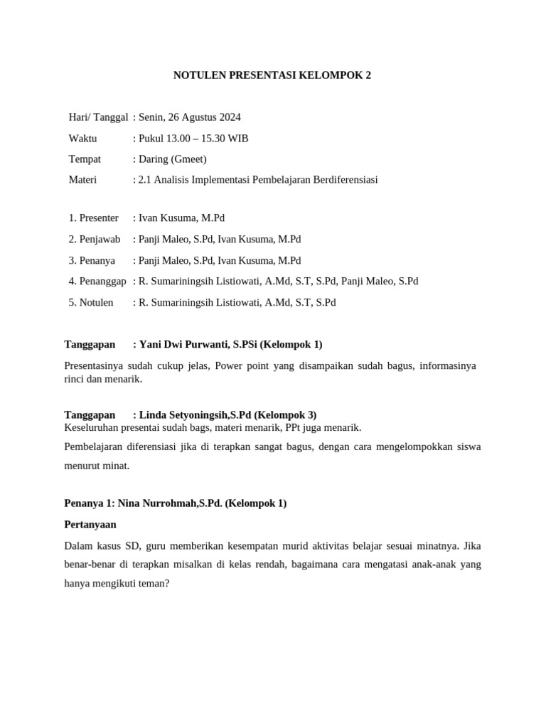 Notulen Presentasi Modul 2.1 Kelompok 2 | PDF