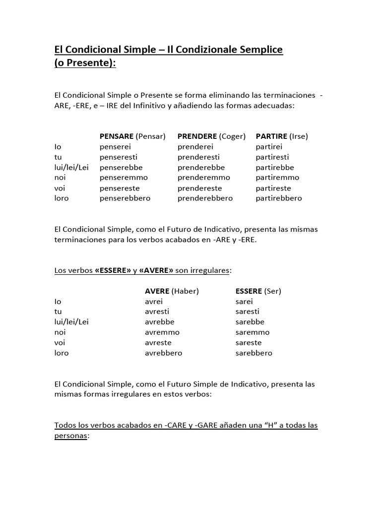 Condizionale Semplice (Condicional Simple o Presente) | PDF