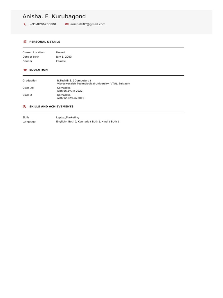 Anisha. F. Kurubagond: Personal Details | PDF