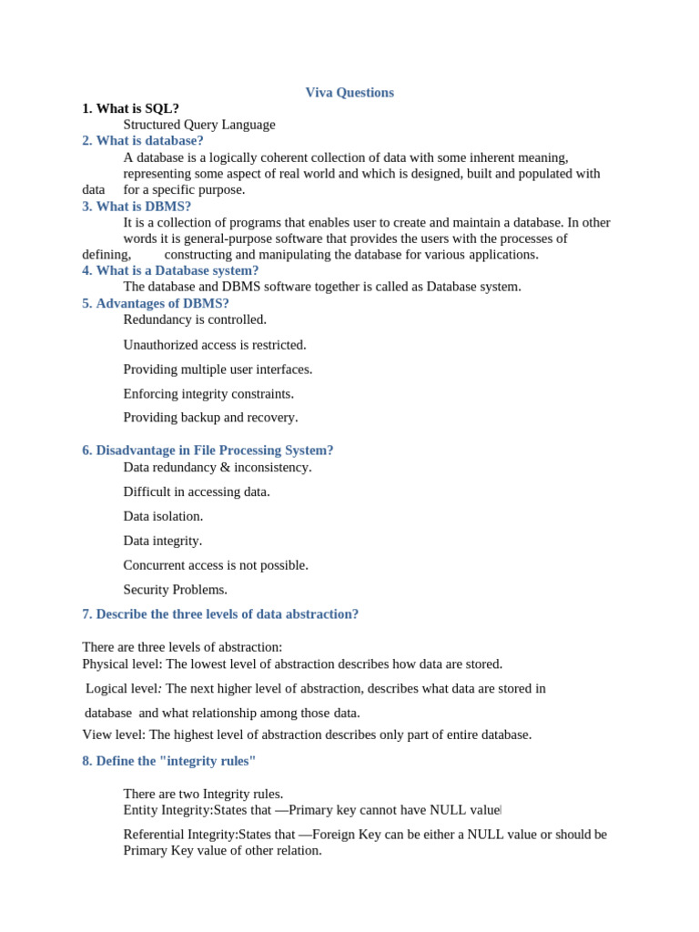 Viva Questions Dbms | PDF | Databases | Pl/Sql