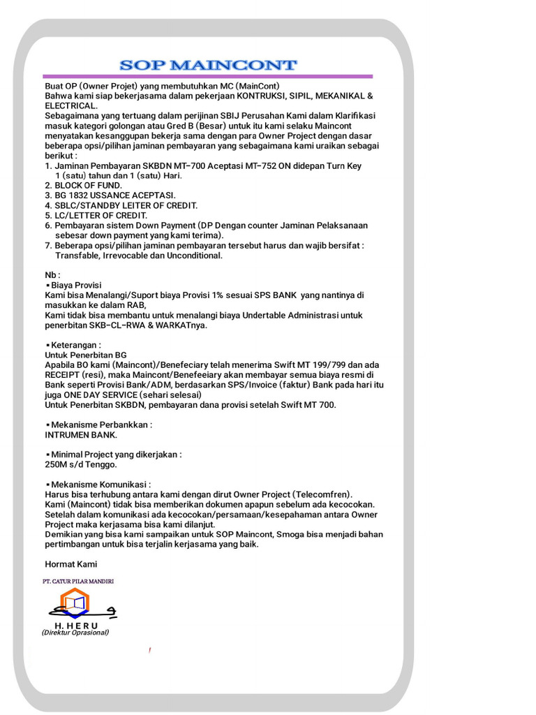 SOP MainCont PT - CPM 19032023 | PDF