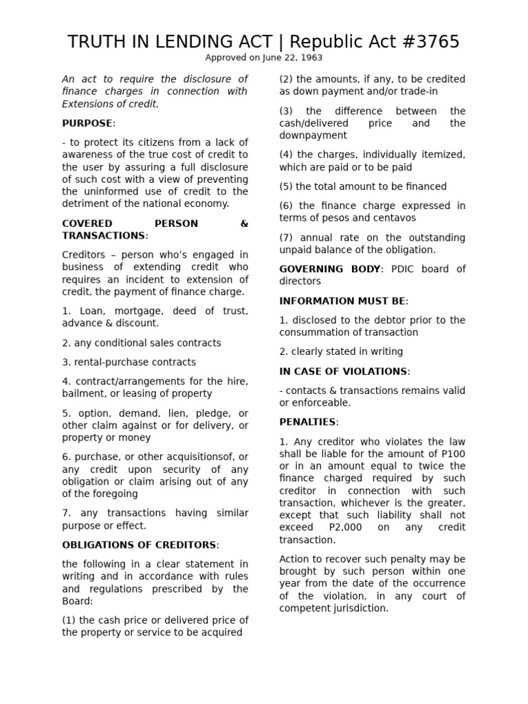 Truth in Lending Act RA 3765 | PDF