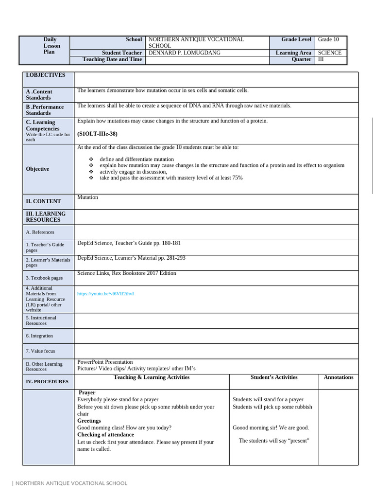 Lesson Plan2-Mutation | PDF