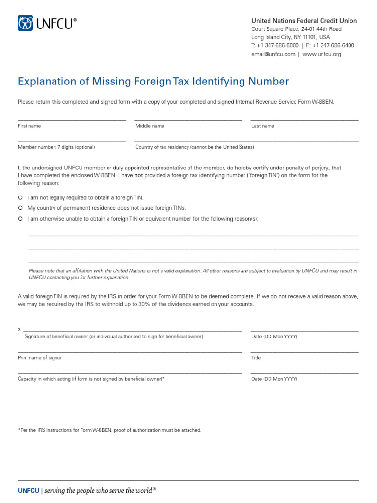 UNFCU Explanation of Missing FTIN | PDF