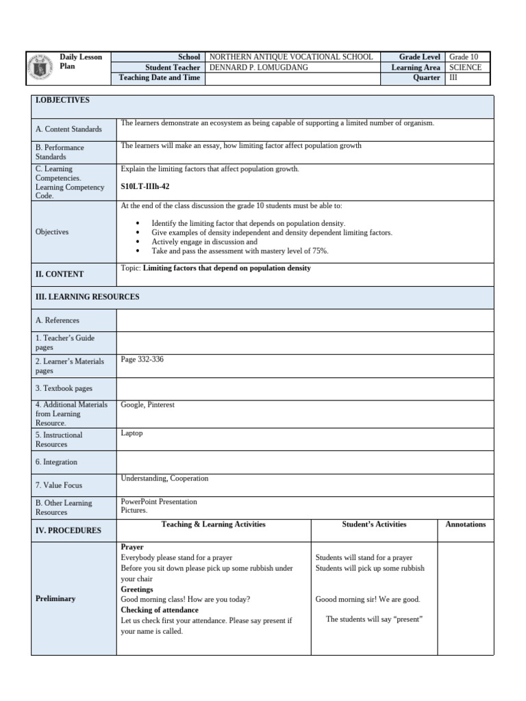 Lesson Plan7 Limiting Factor | PDF