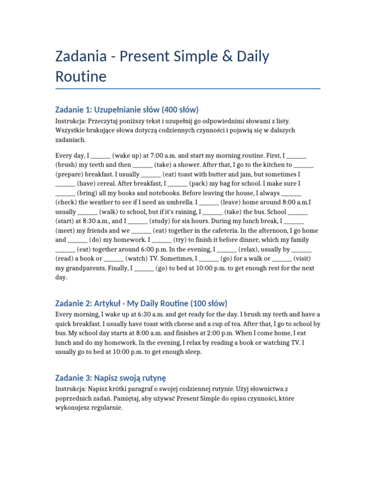 Present Simple and Daily Routine Tasks | PDF