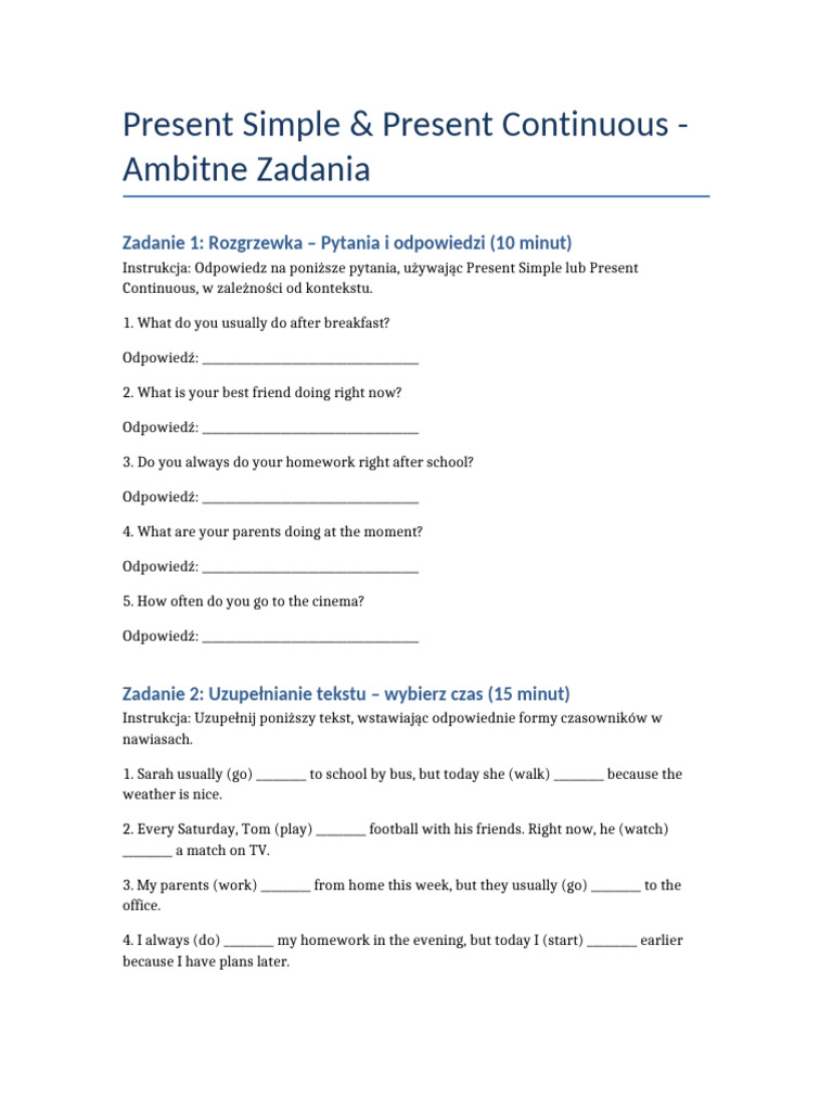 Present Simple and Continuous Ambitne Zadania | PDF