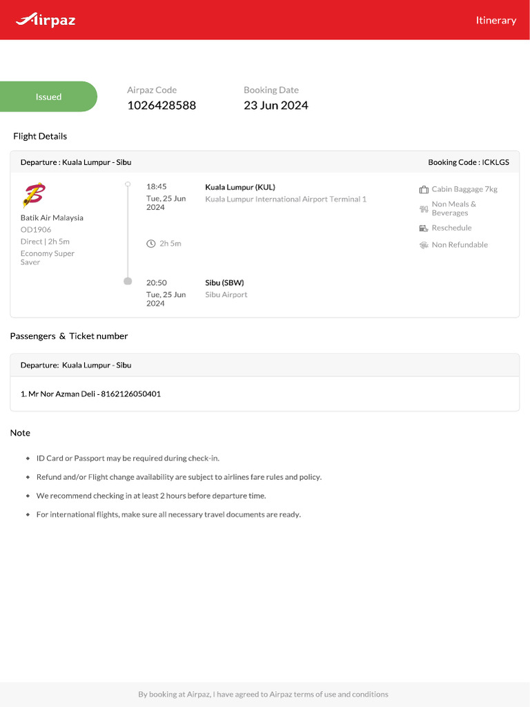 Airpaz Flight Itinerary 1026428588 | PDF