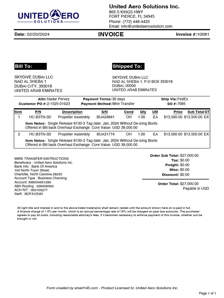 Invoice # 10081 Sky Dive Dubai | PDF